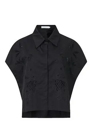 LEEM Embroidered Cropped Cotton-blend Shirt - Black