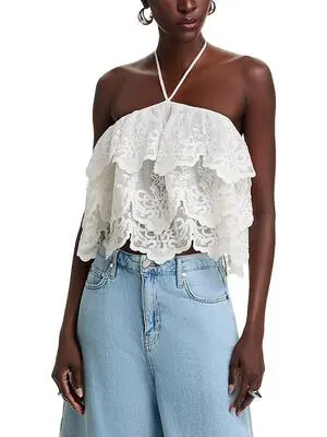 Aqua Tiered Floral Lace Top - White