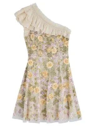 NEEDLE & THREAD Florine One-shoulder Mini Dress - Cream