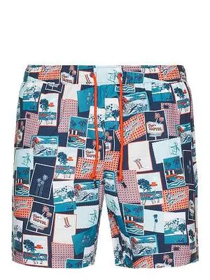 ORIGINAL PENGUIN 7 Volley All Over Print Postcard Swim Trunk - Blue Wing Teal
