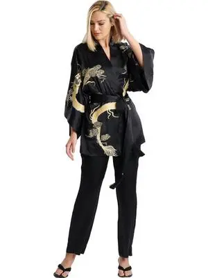 Natori Couture Lucky Dragon Embroidered Silk Wrap - Black