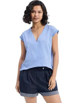 REISTOR Boxy V-neck Top With Fray Detail - Stripe