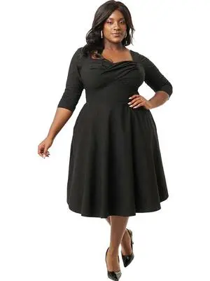 Unique Vintage Pleated Bust Swing Dress Black