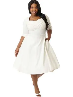 Unique Vintage Pleated Bust Swing Dress Ivory
