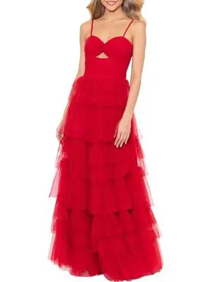 BLONDIE NITES Tie Ruffle Tulle Gown - Red