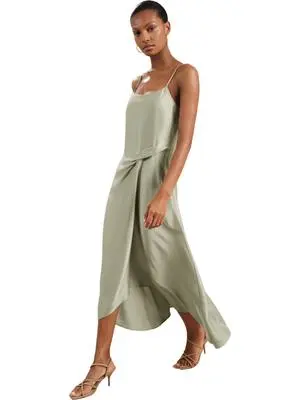 REISS Zoey Petite Satin Drape-detail Slip Dress - Sage