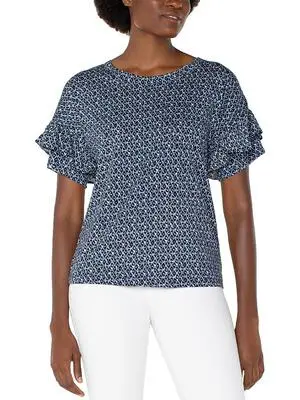 LIVERPOOL Ruffled Sleeve Top - Navy Cream Batik