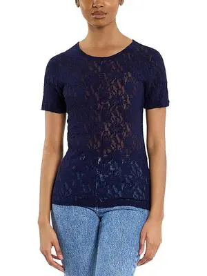Hanky Panky Signature Short Sleeve Lace Top - Navy
