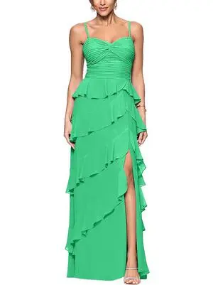 Aqua Chiffon Tiered Ruffled Dress Emerald