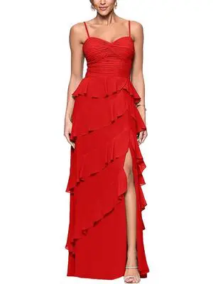 Aqua Chiffon Tiered Ruffled Dress - Red