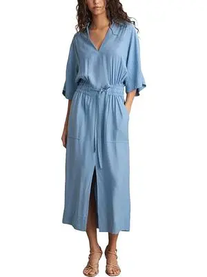 REISS Cecelia Shirred Waist Midi Dress - Blue