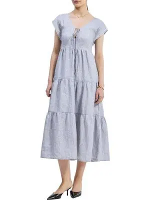 REISTOR Gathered Tiered Linen Stripes Maxi Dress - Pin Striped Linen