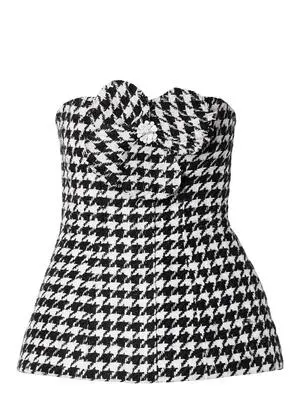 Carolina Herrera Strapless Houndstooth Tweed Peplum Top - White