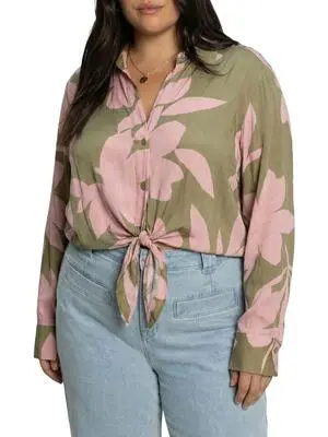 Sanctuary Lover Print Tie Hem Crop Sateen Shirt - Green/pink Silhouette