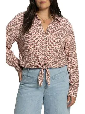 Sanctuary Lover Print Tie Hem Crop Sateen Shirt - Petal Grid Pink