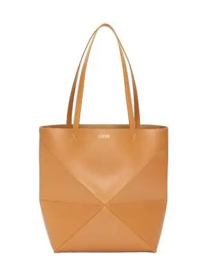 Loewe Puzzle Fold Tote In Shiny Calfskin - Warm Desert
