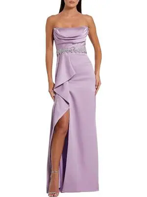 Mac Duggal Strapless Satin Gown With Embellished Belt - Lilac