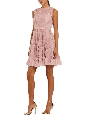 Mac Duggal Mesh Micro Ruffle High Neck Mini Dress - Rose