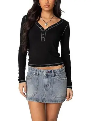 EDIKTED Yael Contrast Stitch Henley Top - Black