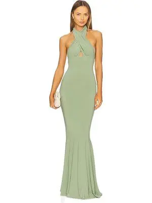 Norma Kamali Cross Halter Fishtail Gown - Vintage Green