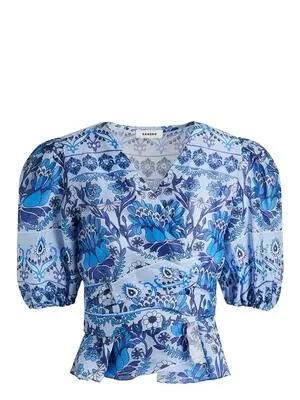 Sandro Printed Linen-blend Gauze Wrap Blouse - Light Blue