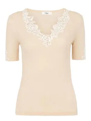 Chloé CHLOÉ Fitted Guipure Lace Wool Knit Top Orange