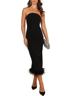 PETAL & PUP Clara Feather Trim Strapless Midi Dress - Black