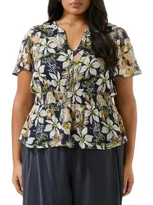 ESTELLE Wilsons Floral Print Peplum Top - Blue Print