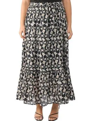 ESTELLE Sea Lily Belted Tiered Cotton Maxi Skirt - Black Print