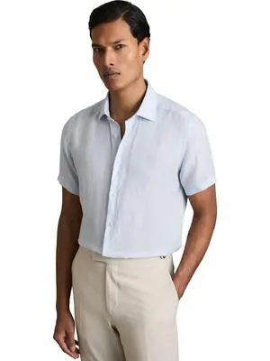 REISS Holiday Slim Fit Linen Button-through Shirt - Pale Blue