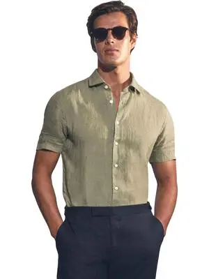 REISS Holiday Slim Fit Linen Button-through Shirt - Thyme Green