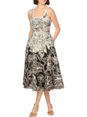 Adrianna Papell Embroidered Organza Midi Dress - Ivory/ Black