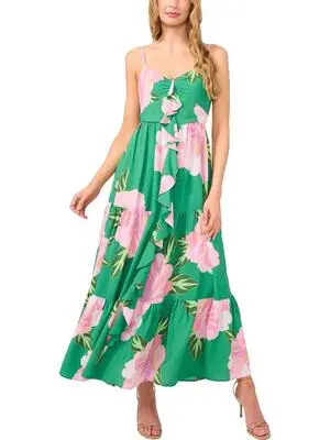 CECE DUPRAZ Floral Ruffle Maxi Sundress - Medium Green