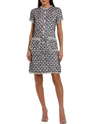 Mac Duggal Cap Sleeve Floral Tweed Shift Dress With Button Detail - Black Multi