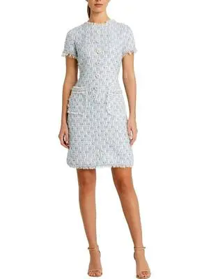 Mac Duggal Cap Sleeve Floral Tweed Shift Dress With Button Detail - Blue Multi