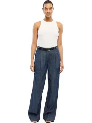 Another Tomorrow Chambray Wide Leg Pants - Dark Blue