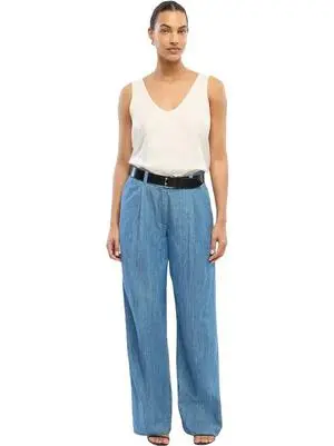 Another Tomorrow Chambray Wide Leg Pants - Medium Blue