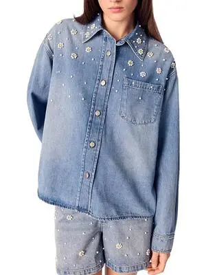 Maje Denim Shirt With Embroidered Beads - Blue