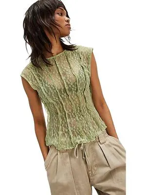 Free People Rimone Lace Top Washed Sage