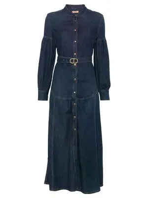 TWINSET Belted Denim Long Dress - Blue