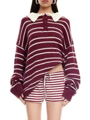 Lioness Striped Polo Sweater - Crimson