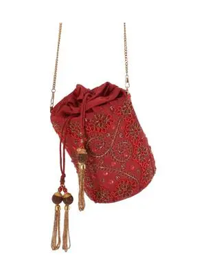 RAAS Embroidered Bucket Bag With Metallic Chain - Red