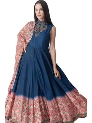 RAAS Myka Embroidered High Neck Gown Set - Blue