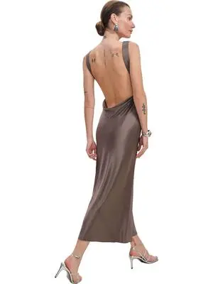 REFORMATION Corey Satin Midi Dress Brown