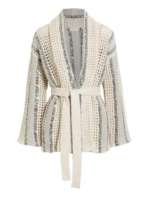 Brunello Cucinelli Embellished Striped Cardigan - Ecru