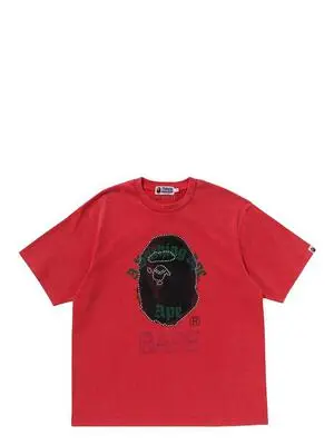 A BATHING APE Garment Dye Rhinestone Ape Head Relaxed Fit Tee Shirt Red