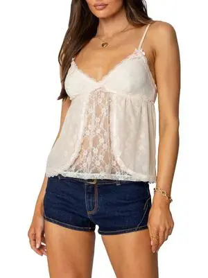 EDIKTED Ribbon Detail Sheer Lace Babydoll Top - Cream