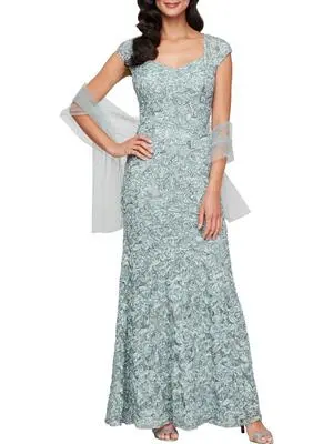 Alex Evenings Soutache Mermaid Gown With Shawl - Ice Sage
