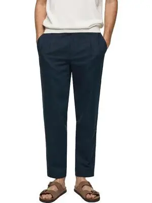 Mango MANGO Slim Fit Linen & Cotton Drawstring Pants Dark Navy