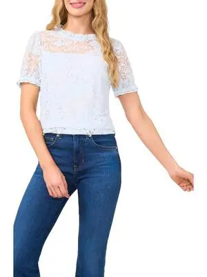 CECE DUPRAZ Puff Sleeve Floral Lace Blouse - Spa Blue